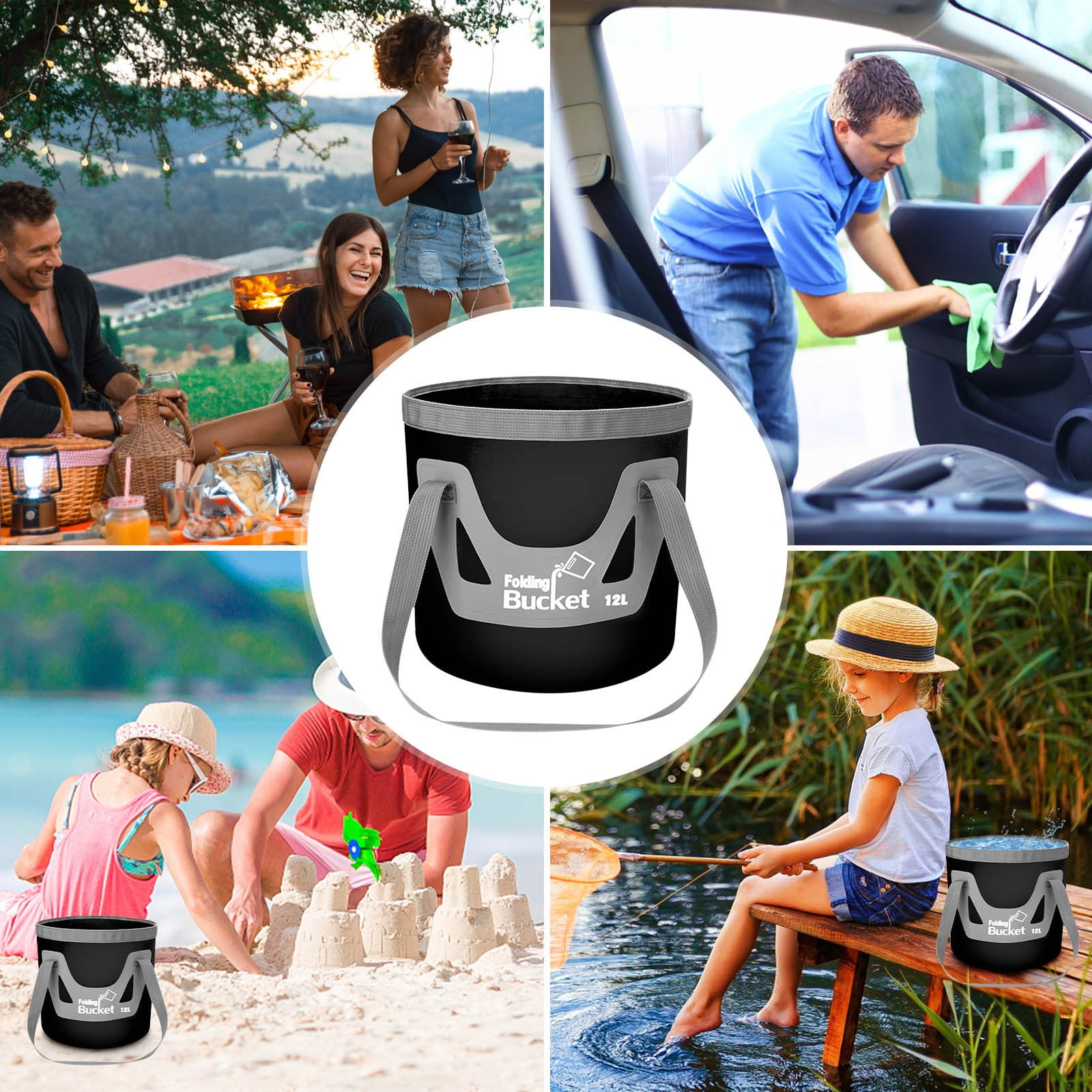 12L Leakproof Collapsible Water Bucket, 500D Tarpaulin Space-Saving ...