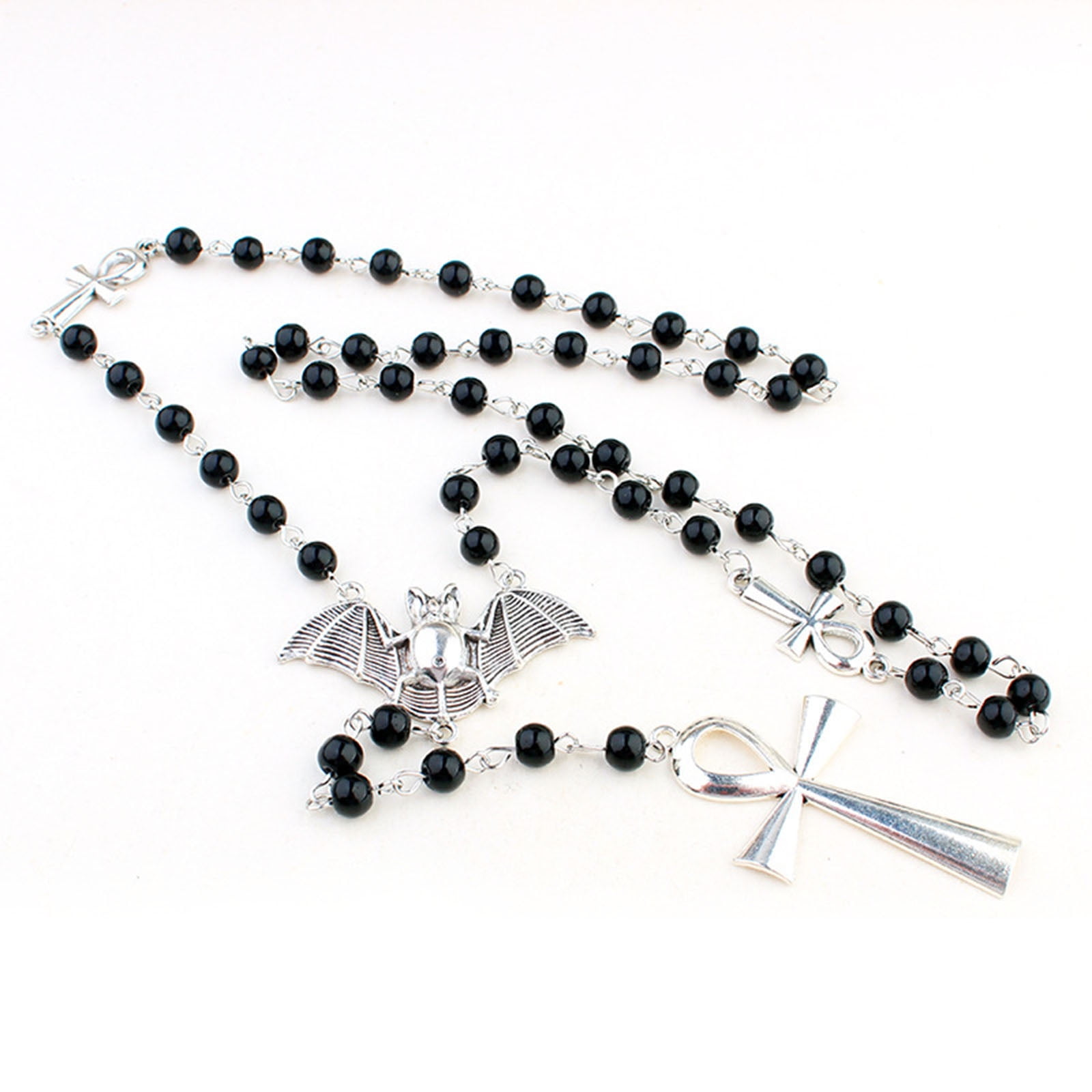 Ankh Bat Pendant Necklace Goth Long Rosary Beaded Necklace Halloween ...