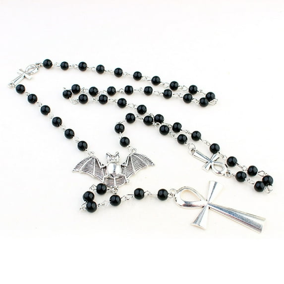 Ankh Bat Pendant Necklace Goth Long Rosary Beaded Necklace Halloween ...