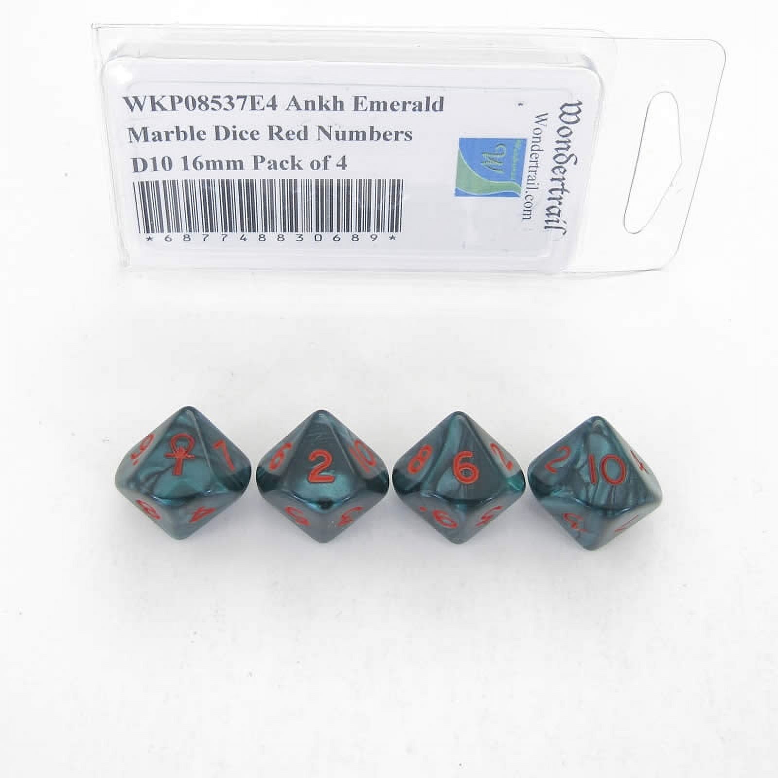Ankh Emerald Marble Dice with Red Numbers D10 16mm (5/8in) Pack of 4 ...