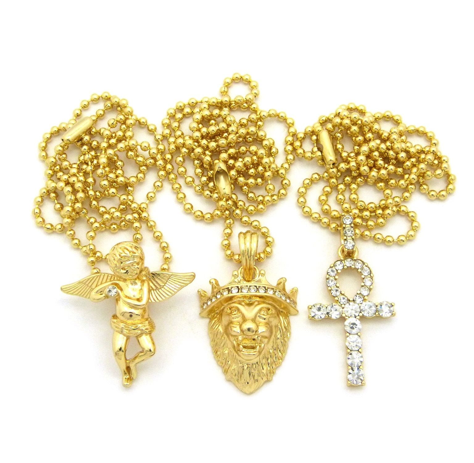 Ankh, Lion, Angel Pendant 2mm 24 Ball Chain 3 Necklace Set - Walmart.com