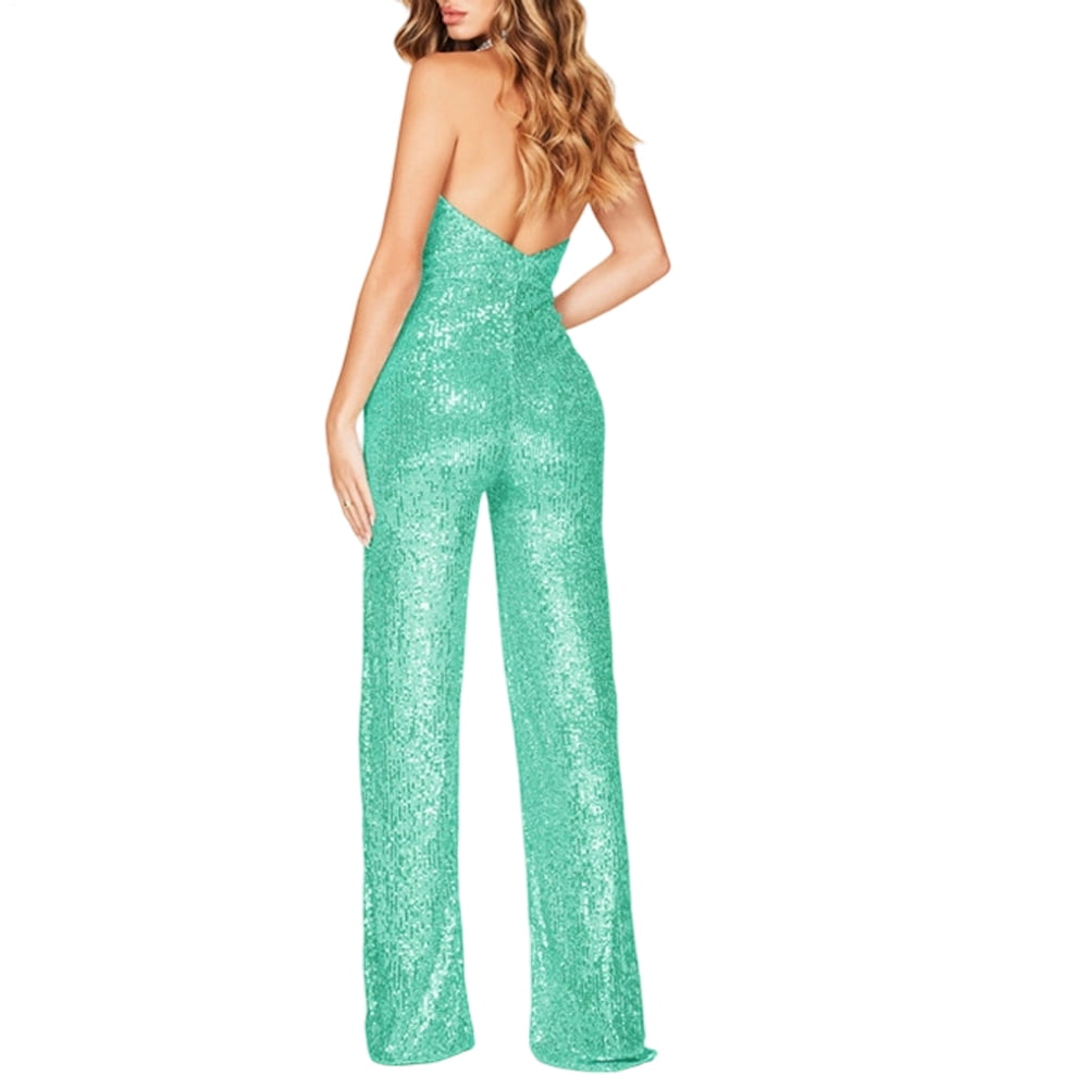 Ankishi Backless Halter Jumpsuit Deep V Neck Cowl Neck Sequin Jumpsuits ...