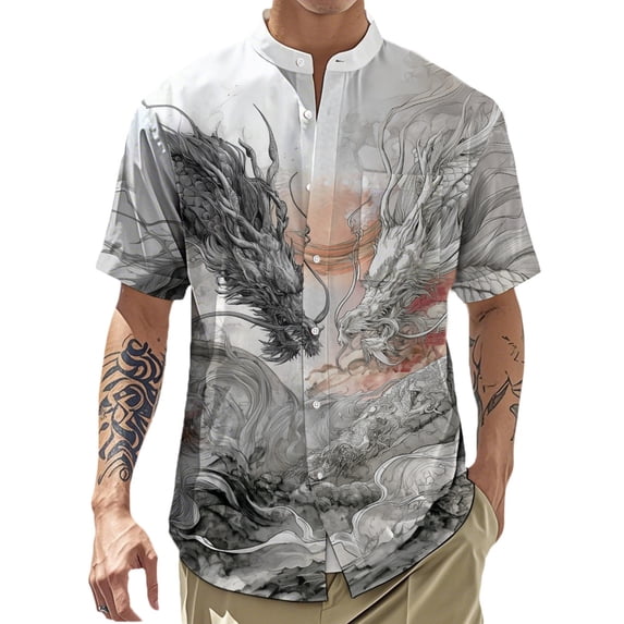 Ankishi Banded Collar Shirts for Men Japanese Dragon Print Holiday ...