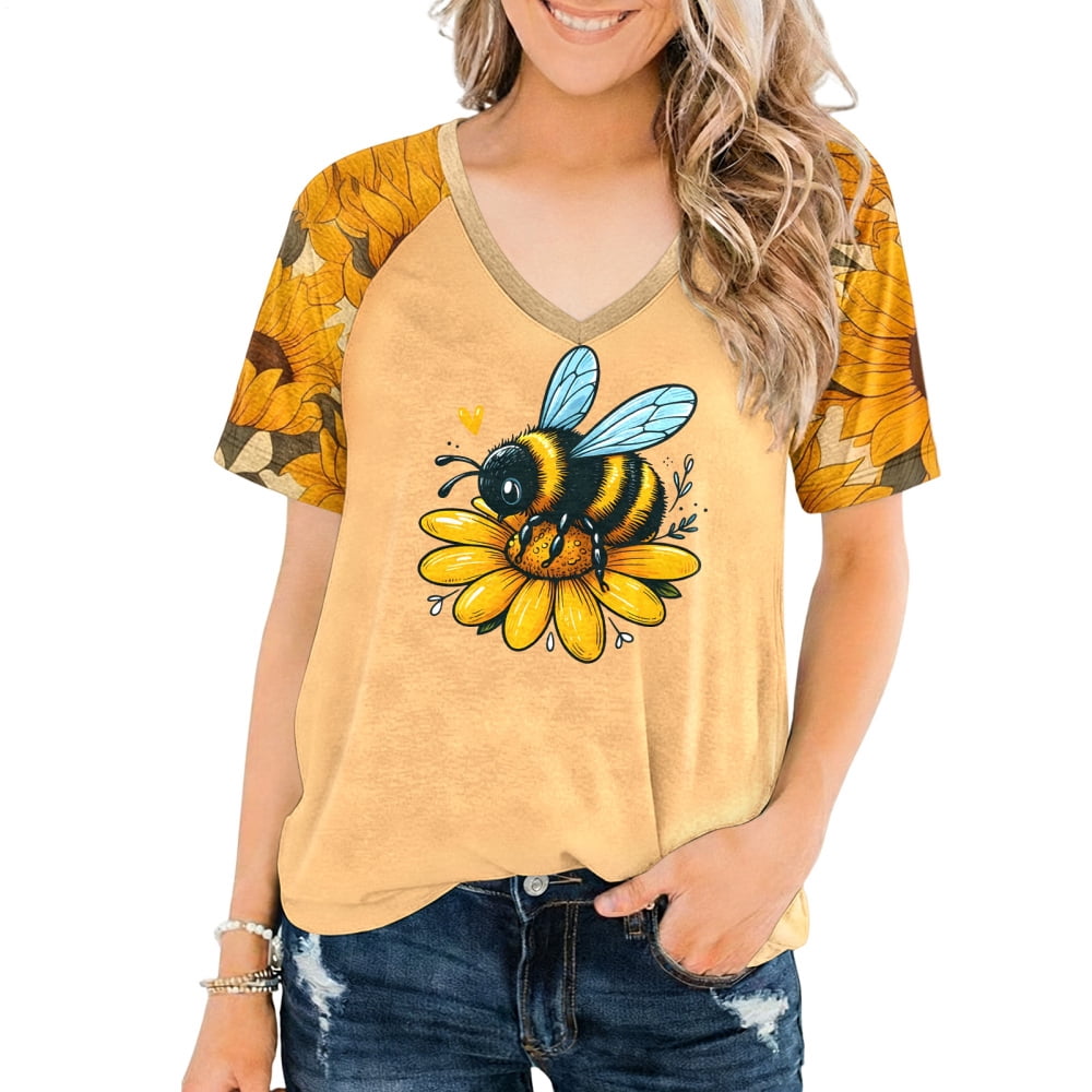 Ankishi Bee Tee Shirts for Women V Neck Sunflower Casual Raglan Short ...