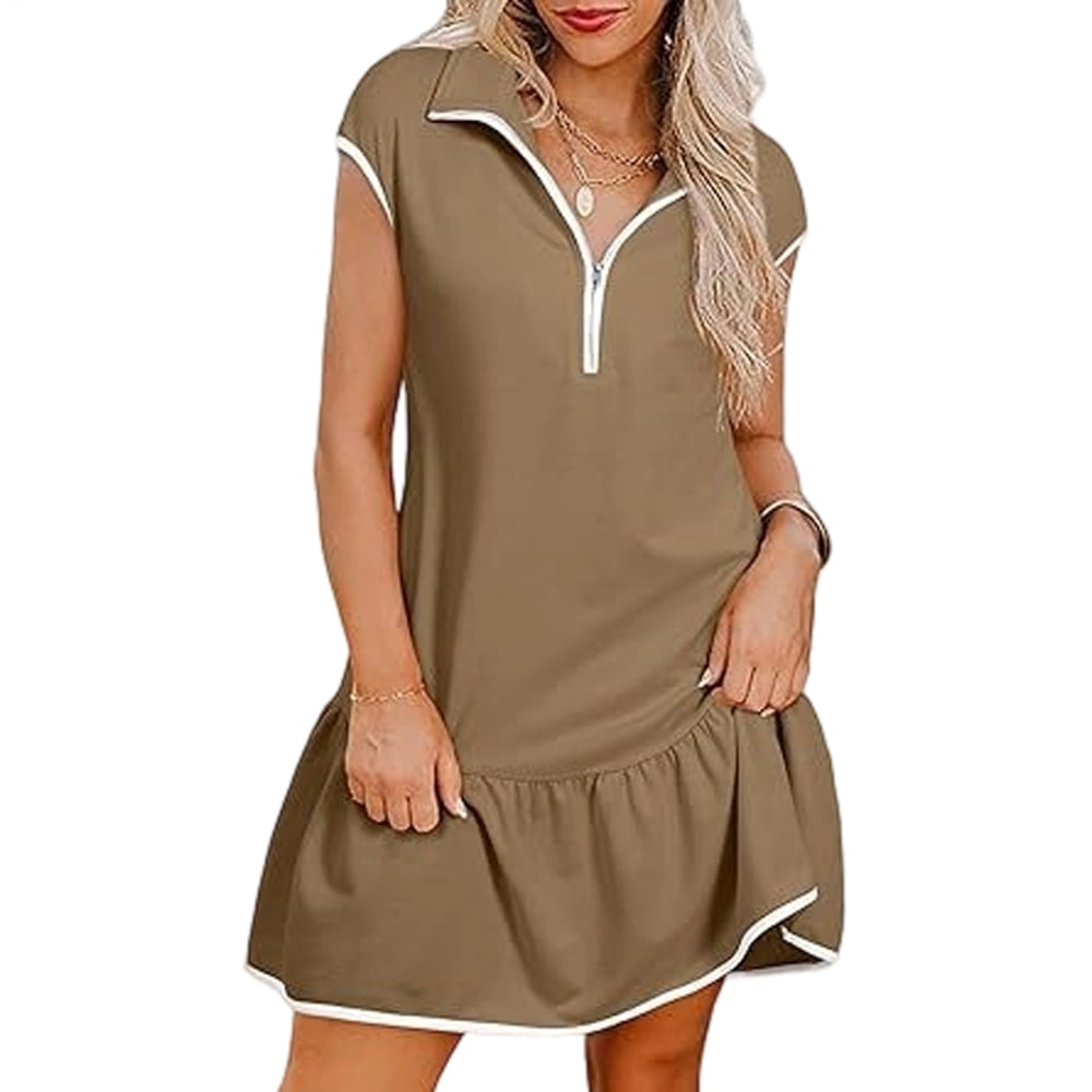 Ankishi Cap Sleeve Half Zip Dress Color Block Cap Sleeve Lapel Short ...