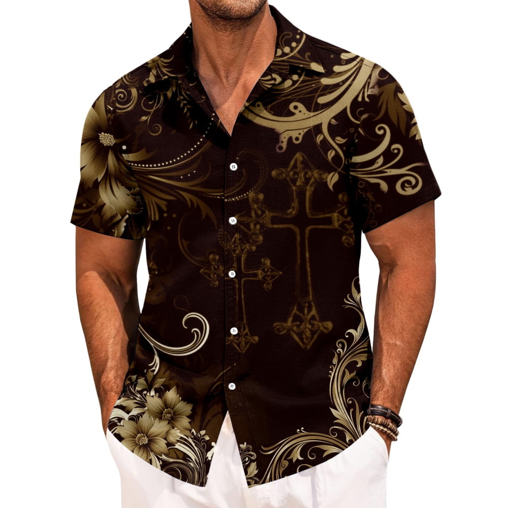 Ankishi Christian Button Down Shirts for Men Cross Floral Print Summer ...