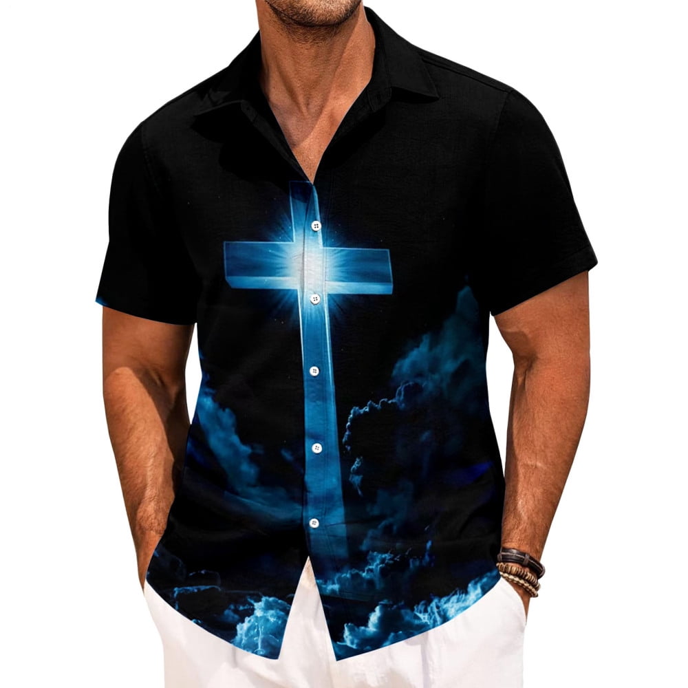 Ankishi Christian Button Down Shirts for Men Cross Print Summer Button ...