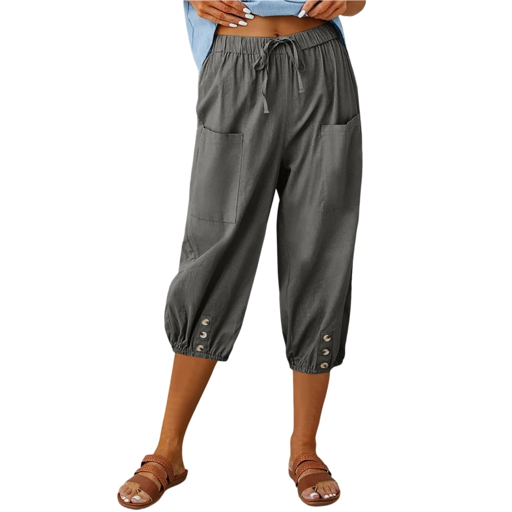 Ankishi Cropped Pants for Women High Waist Elastic Waist Cropped Pants ...