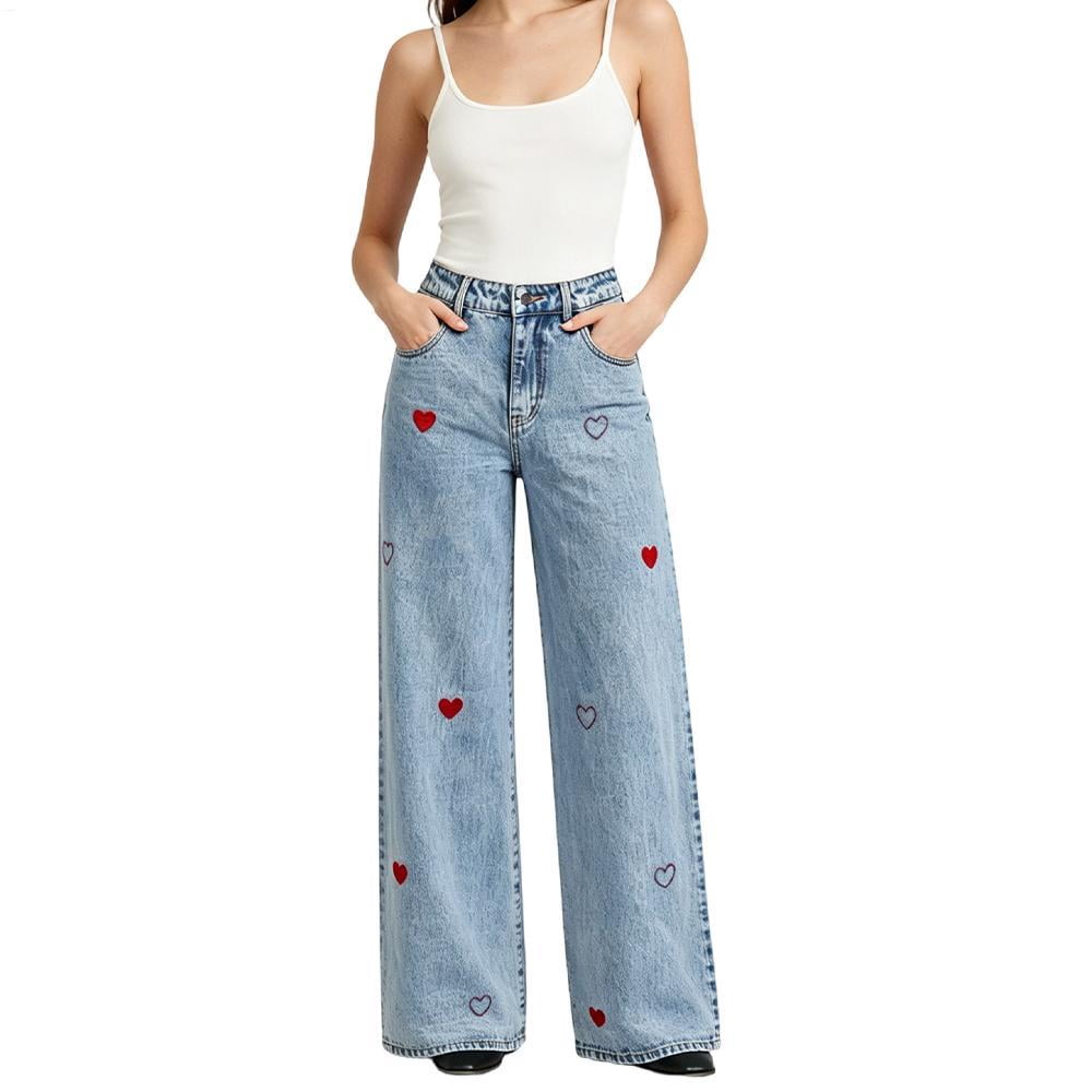 Ankishi Embroidery Jeans for Women Straight Leg Wide Leg Heart ...