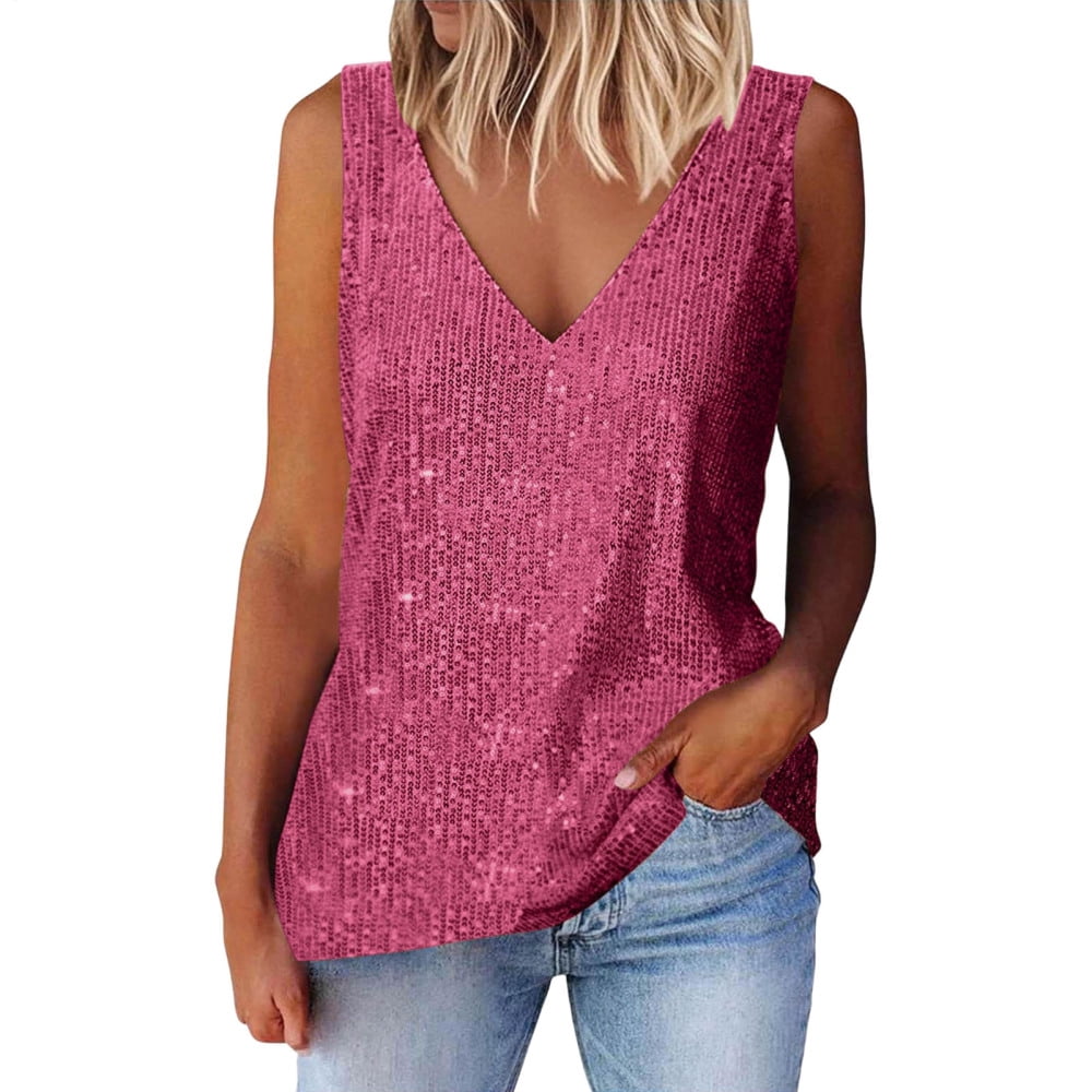 Ankishi Glitter Tank Tops for Women V Neck Shiny Sleeveless Shirts Sexy ...