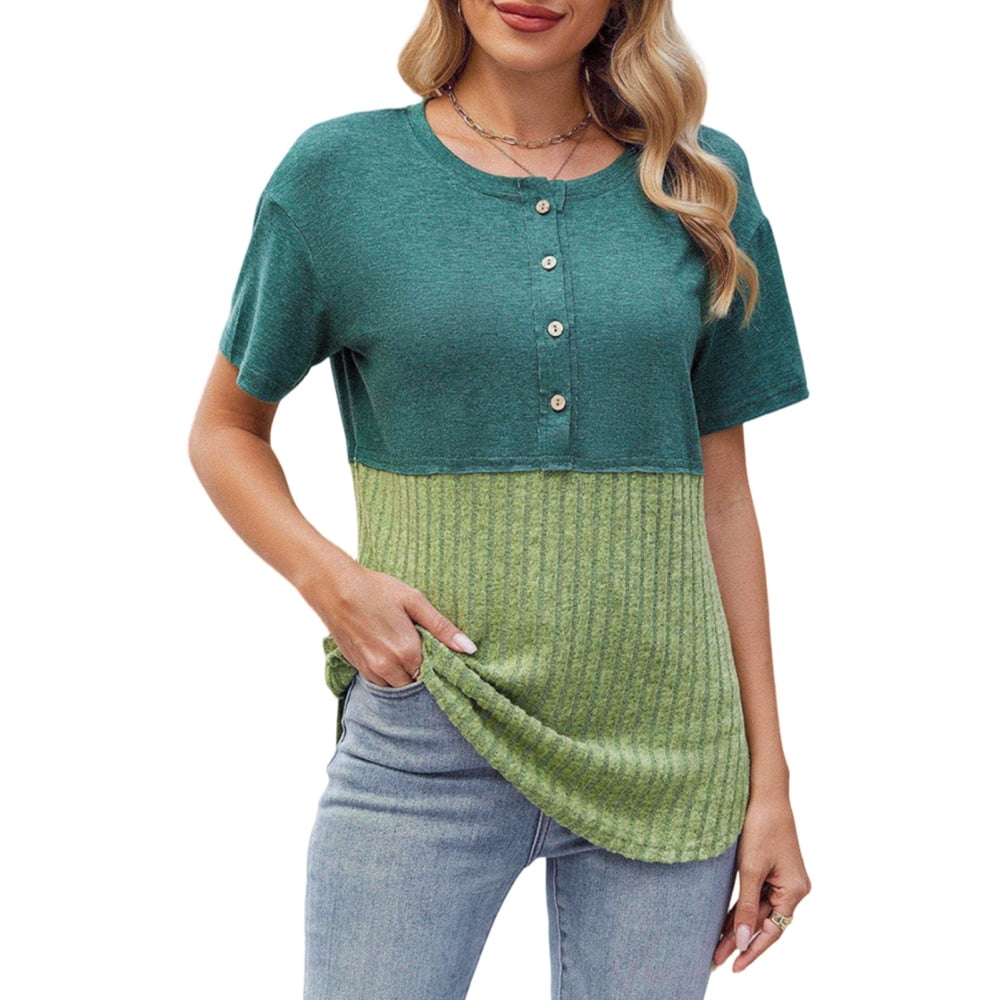 Ankishi Half Button Up Shirt Women Color Block Loose Fit Ribbed Knit ...
