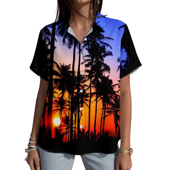 Ankishi Hawaiian Shirt Women Palm Tree Print Fashion Button Up Shirts ...