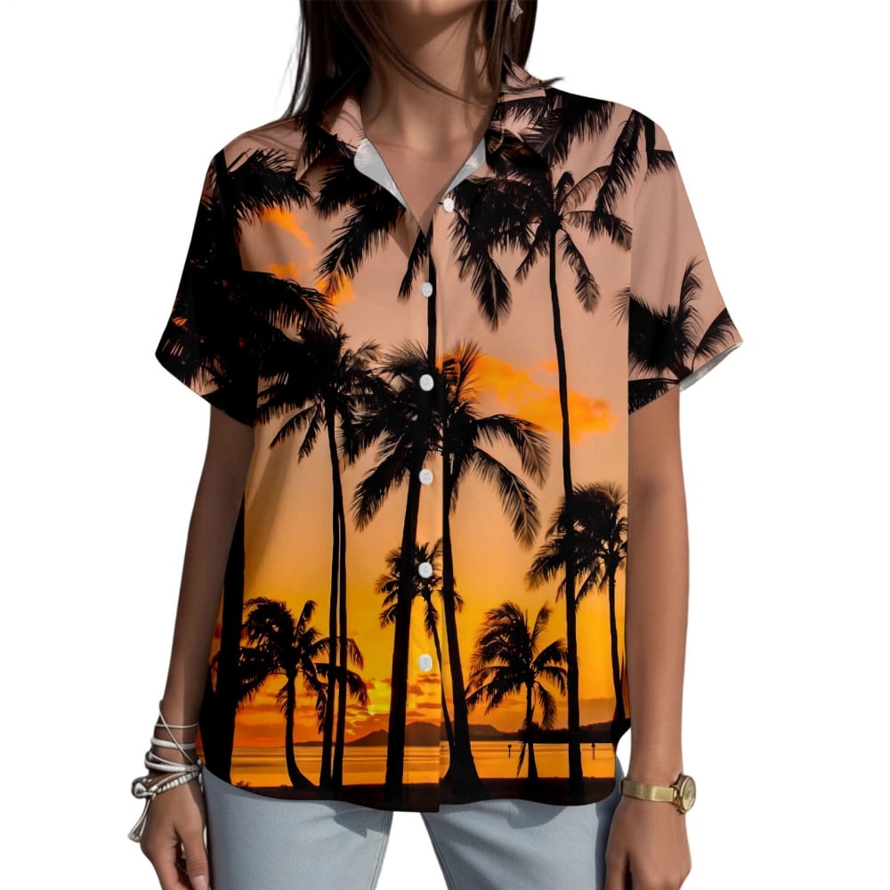 Ankishi Hawaiian Shirts for Women Palm Tree Print Summer Casual Shirts ...