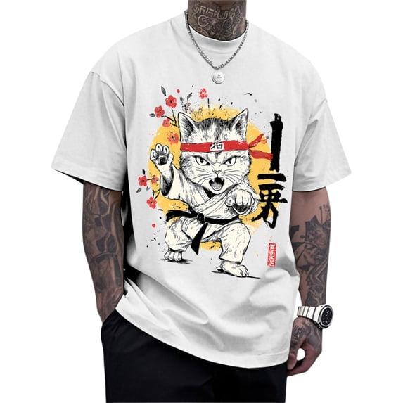 Ankishi Japanese Cat T Shirt Floral Men's Casual Crewneck Oversized Fit ...