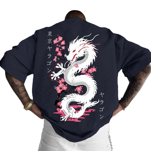 Ankishi Japanese Graphic Tees for Men Dragon Floral Oversized Casual ...