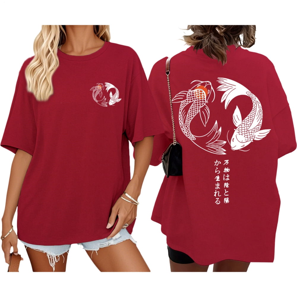 Ankishi Japanese Graphic Tees for Women Koi Fish Print Short Sleeve ...