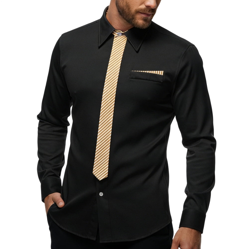 Ankishi Long Sleeve Button Up Shirts for Men Fake Tie Business Casual ...