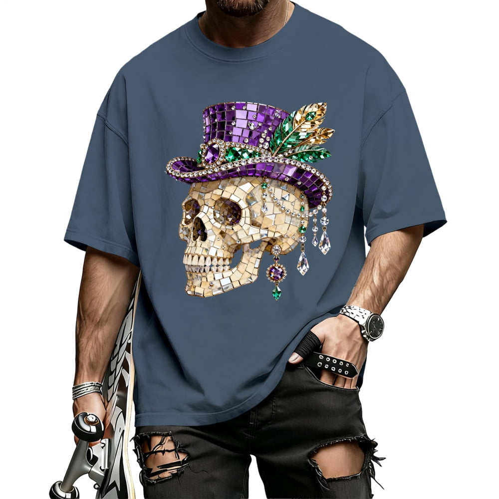 Ankishi Men Mardi Gras Skull Shirt Crewneck Short Sleeve Cotton Graphic ...