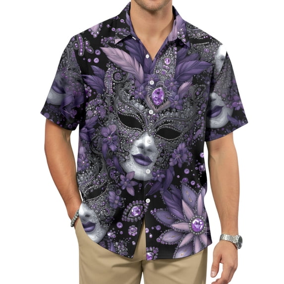 Ankishi Mens Mardi Gras Shirt Button Down Masque Short Sleeve Loose Fit ...
