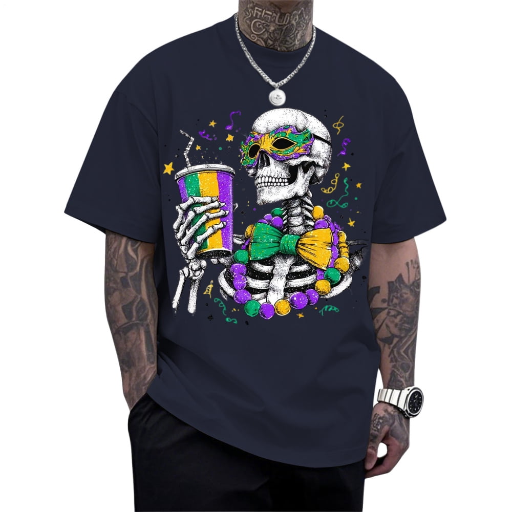 Ankishi Mens Mardi Gras Shirt Carnival Skull Print Short Sleeve New ...