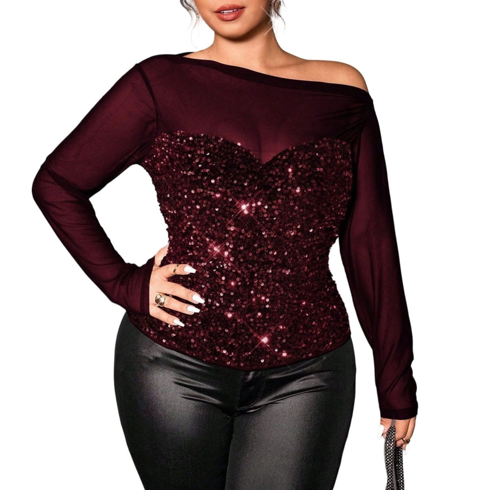 Ankishi Off Shoulder Sequin Tops for Women Sheer Mesh Long Sleeve ...