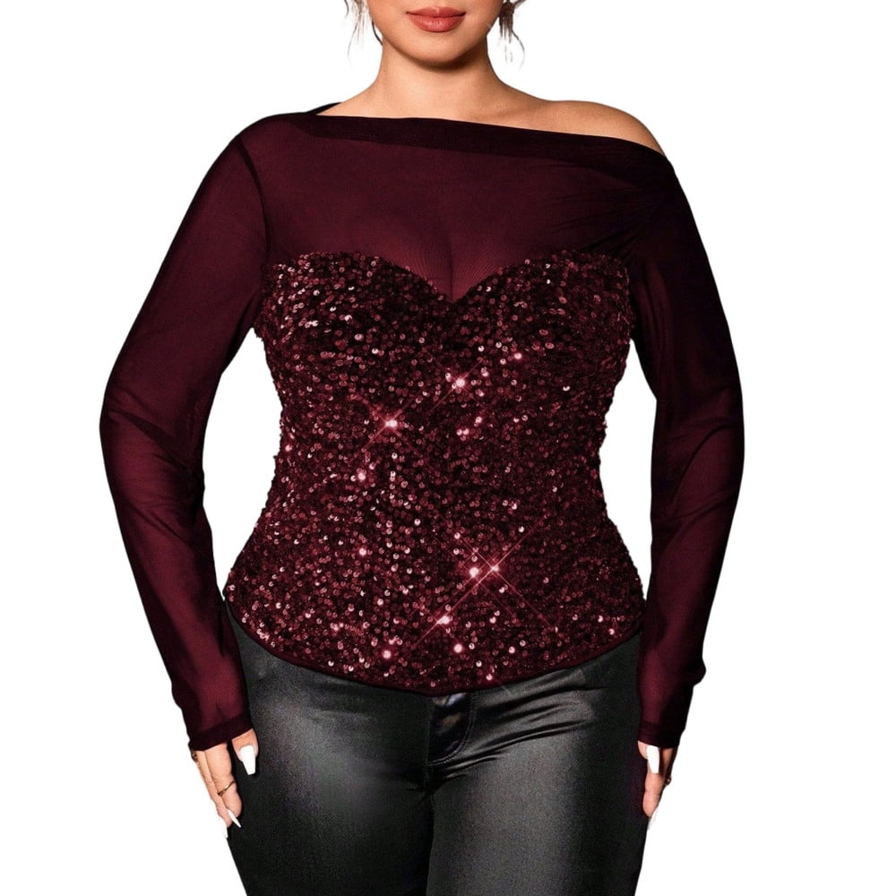 Ankishi Sequin Off The Shoulder Tops for Women Sheer Mesh Long Sleeve ...