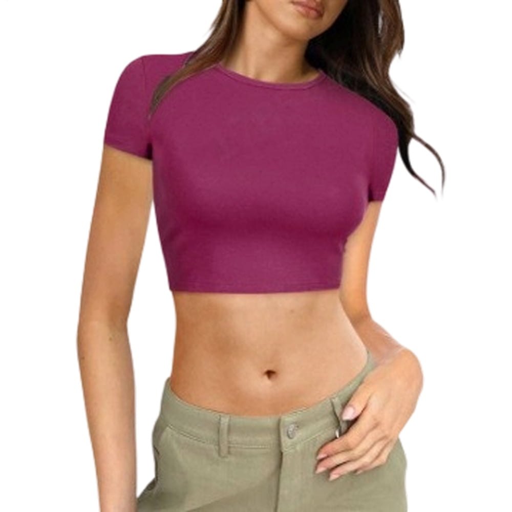 Ankishi Short Sleeve Crop Top Fitted Crewneck Sexy Summer Bodycon Crop ...