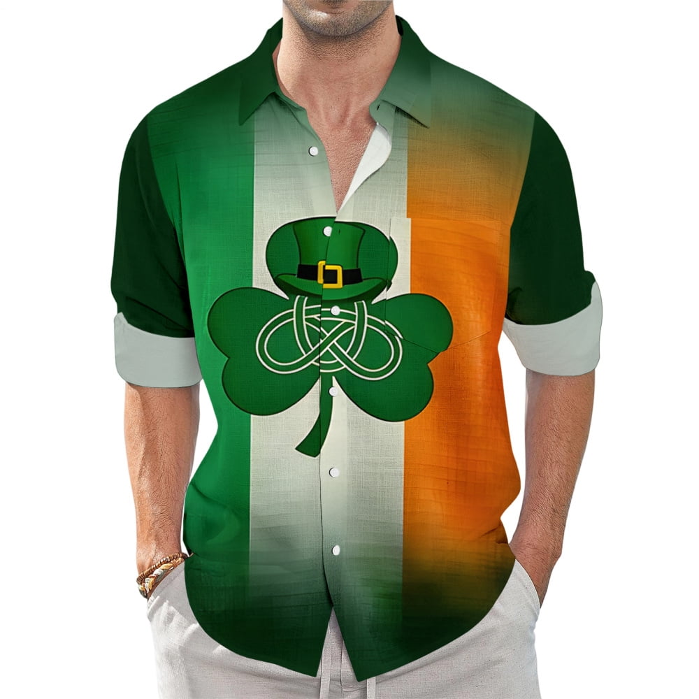 Ankishi St Patricks Day Hawaiian Shirt Men Irish Shamrock Flag Long ...