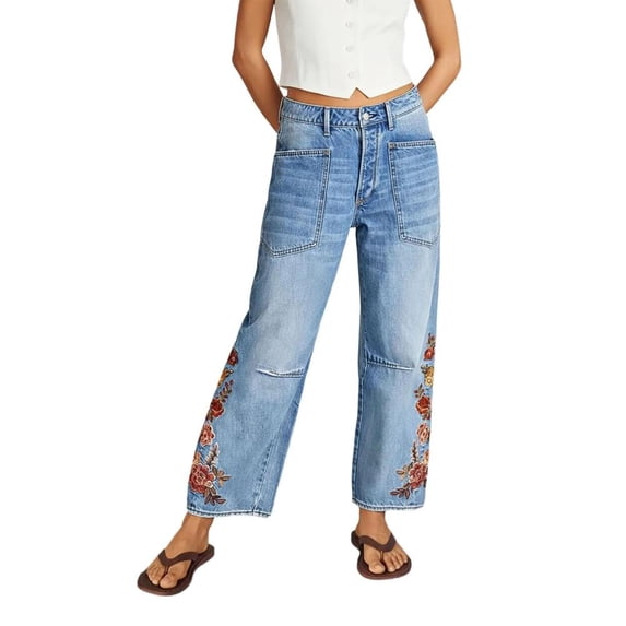 Ankishi Women's Cropped Jeans Floral Embroidered Mid Rise Summer Jeans ...