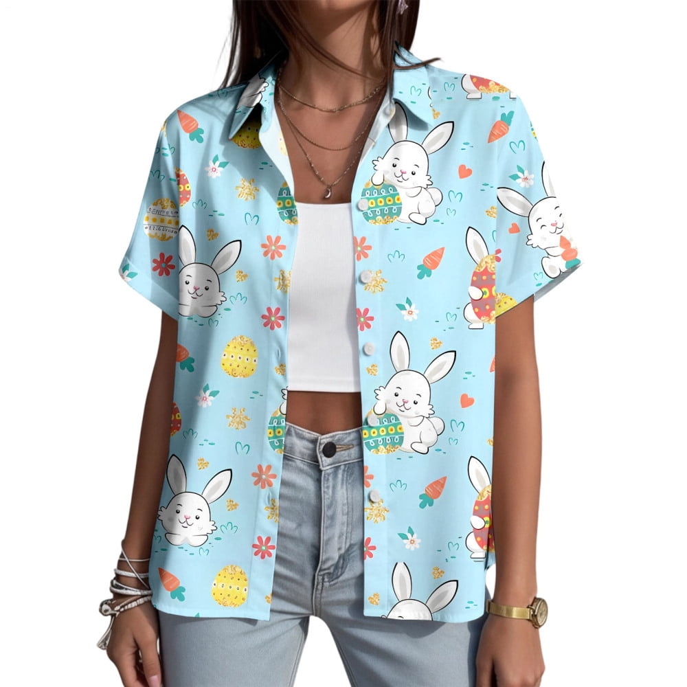Ankishi Womens Easter Shirt Bunny Easter Egg Fashion Hawaiian Shirts ...
