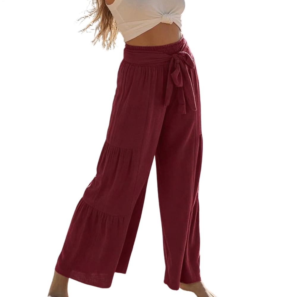 Ankishi Womens Ruffle Trousers High Waist Stylish Ruffled Slacks Loose ...