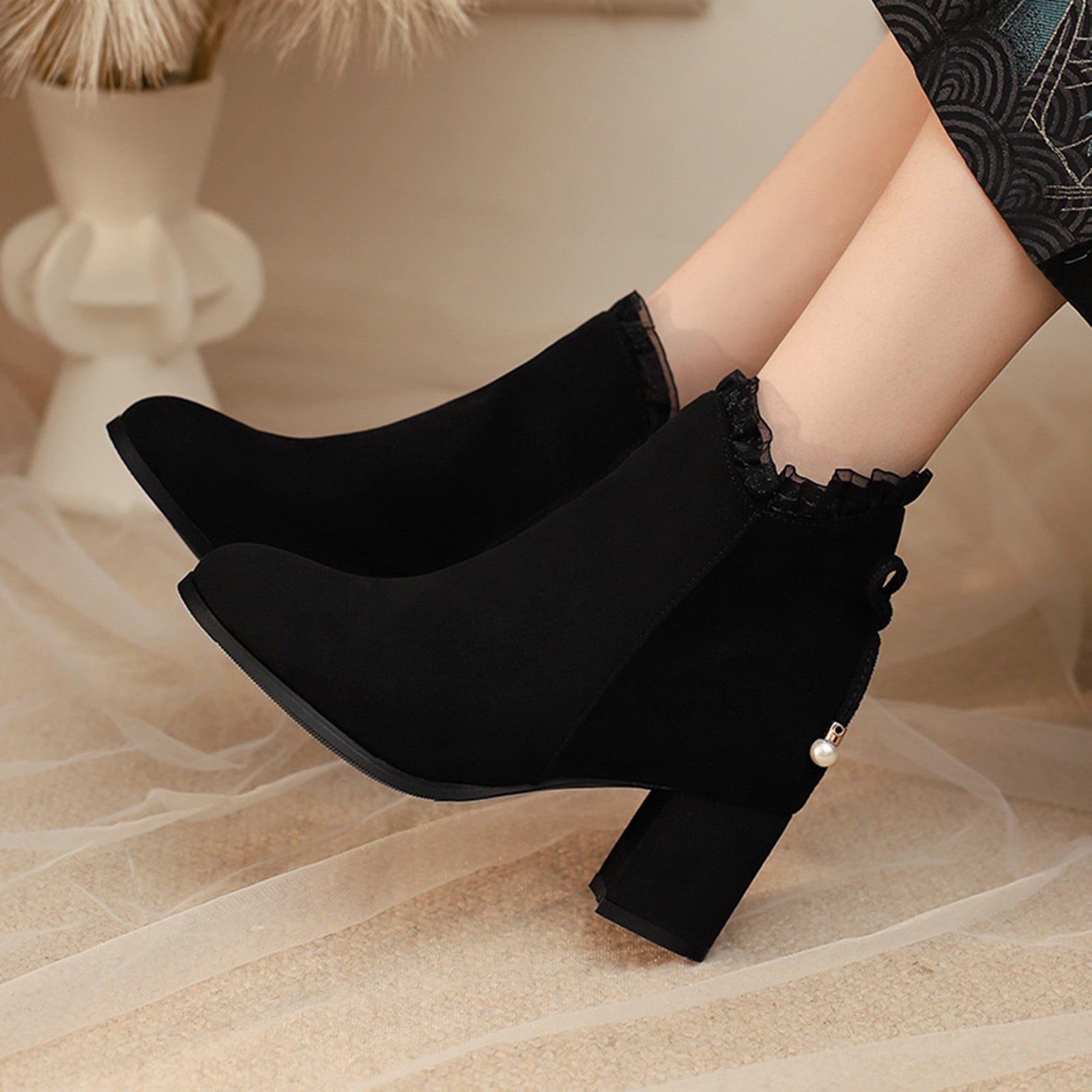 Ankle Boots For Women Wide Ankle Tie Knot Side Zipper Round Toe Heels ...