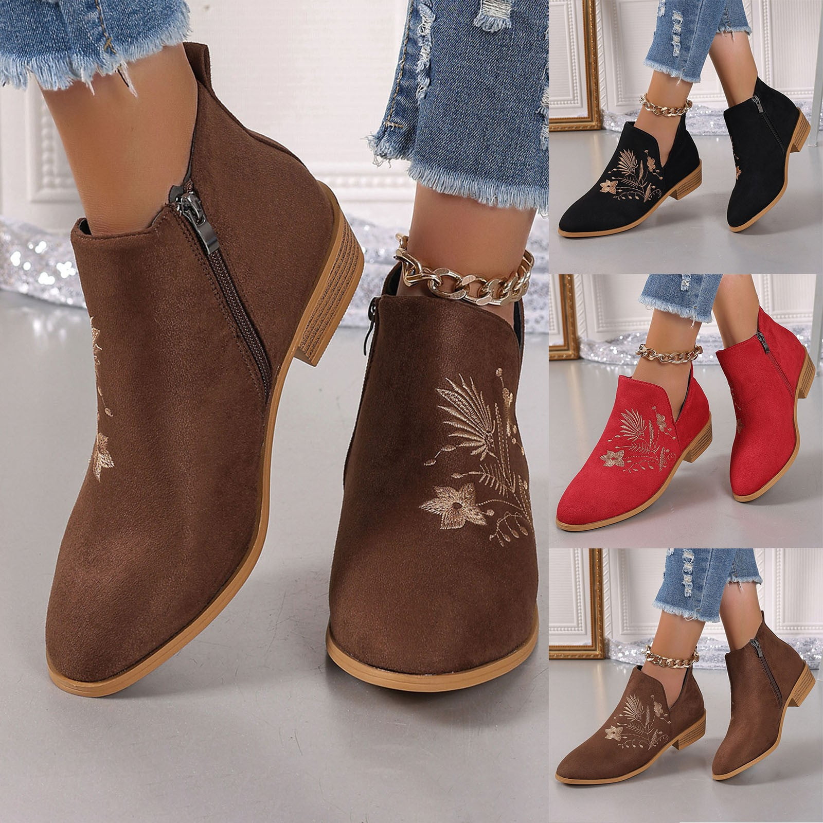 Ankle Boots Women Chunky Low Heel Round Toe Booties with Side Zipper ...