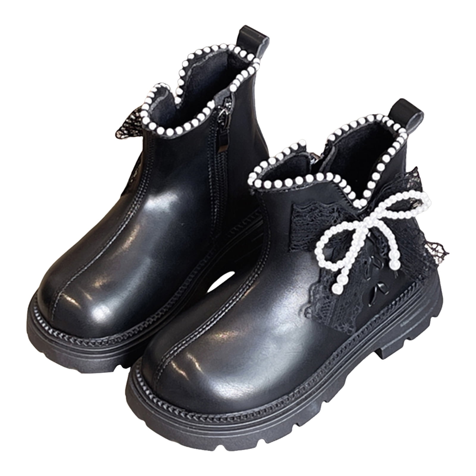 Ankle Boots for Girls Lace Pearl Bow Winter Warm Casual Leather Zipper ...