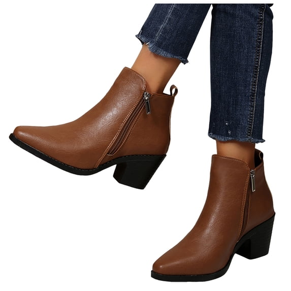 Ankle Boots for Women Casual Leather Pointed Toe Zip up Dress Booties ...