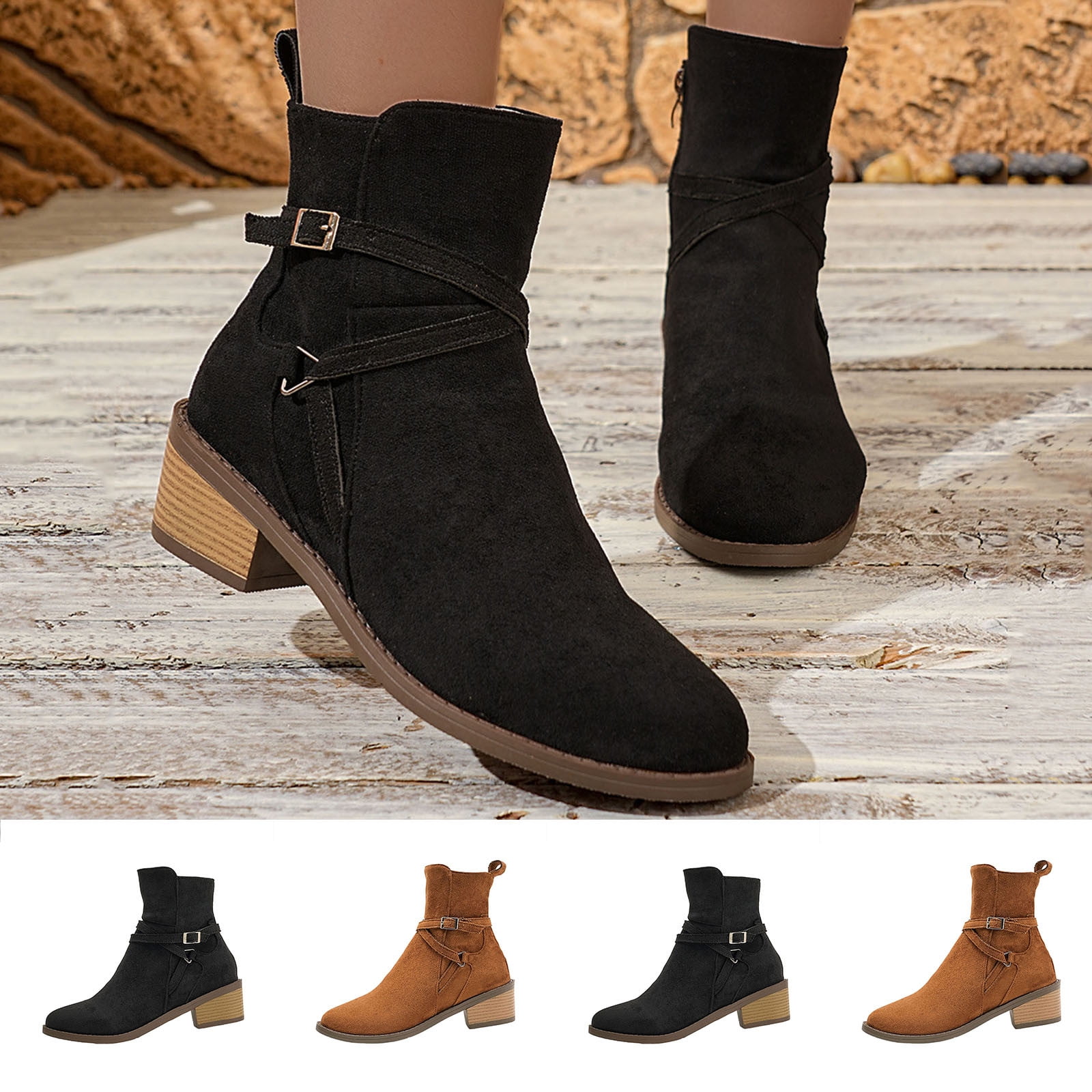 Ankle Boots for Women Fashion Casual Winter Ankle Boots Solid Color Pointy Side Zipper Chunky ...
