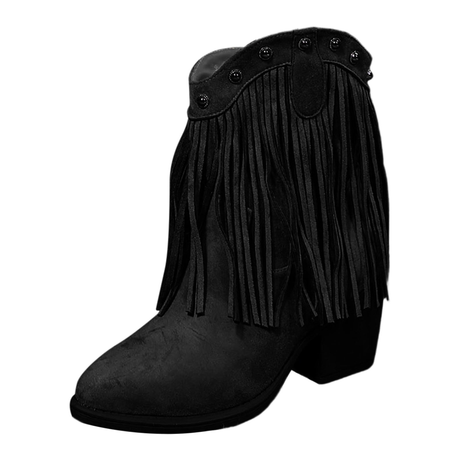 Ankle Boots for Women Fringe Western Style Versatile Pointed Toe Ankle ...
