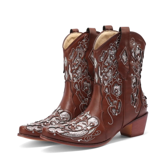 Ankle Cowboy Boots for Women Rhinestone Embroidered Cowgirl Short ...