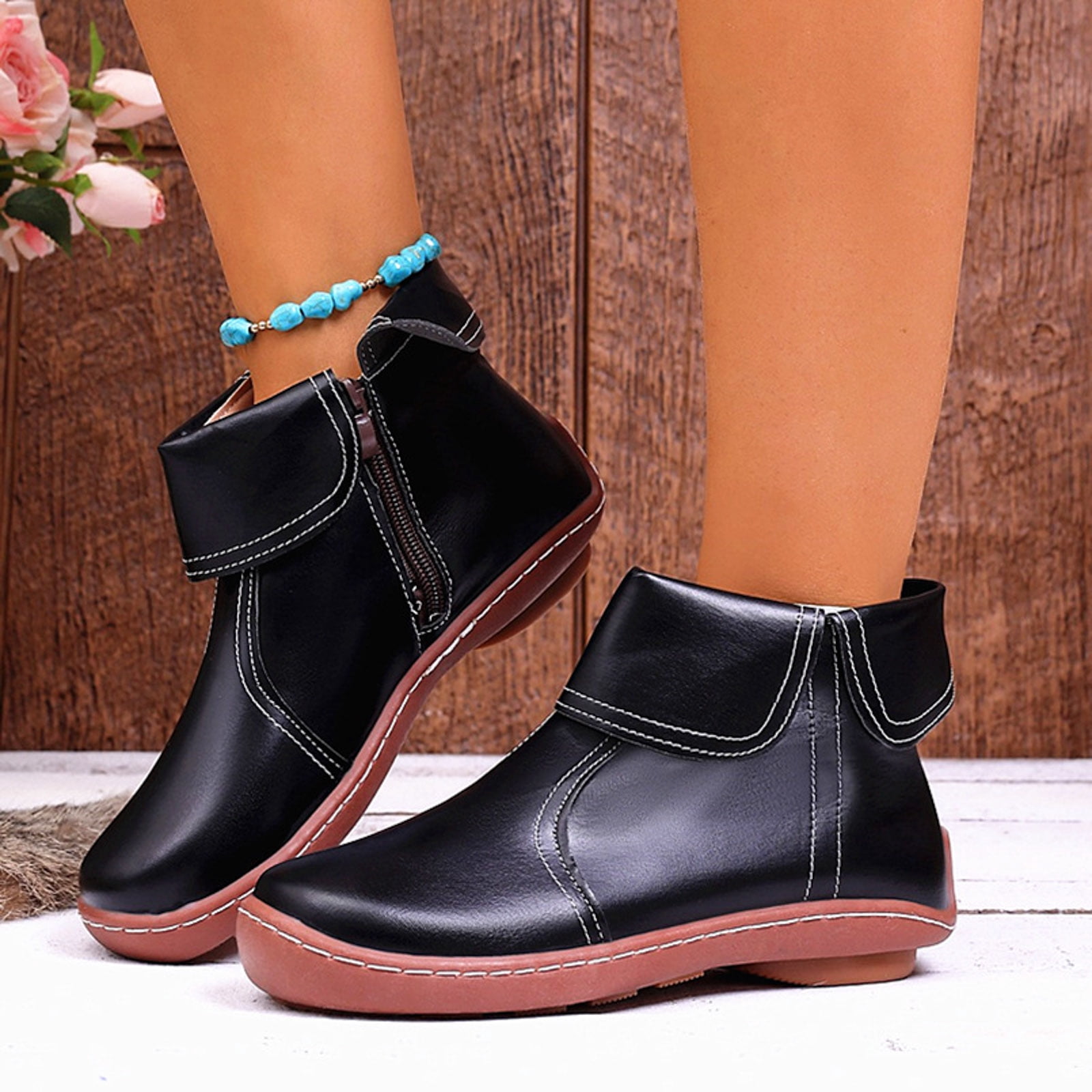 Ankle For Women No Arch Support Side Zipper Vintage Leather Boots Flat ...