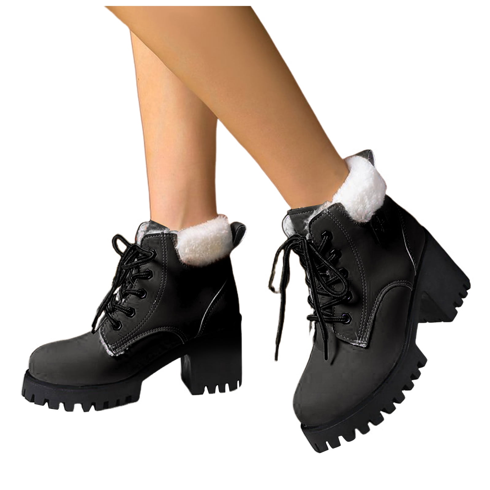 Ankle Snow Boots for Women Fold Over Fuzzy Lace up Waterproof Leather ...