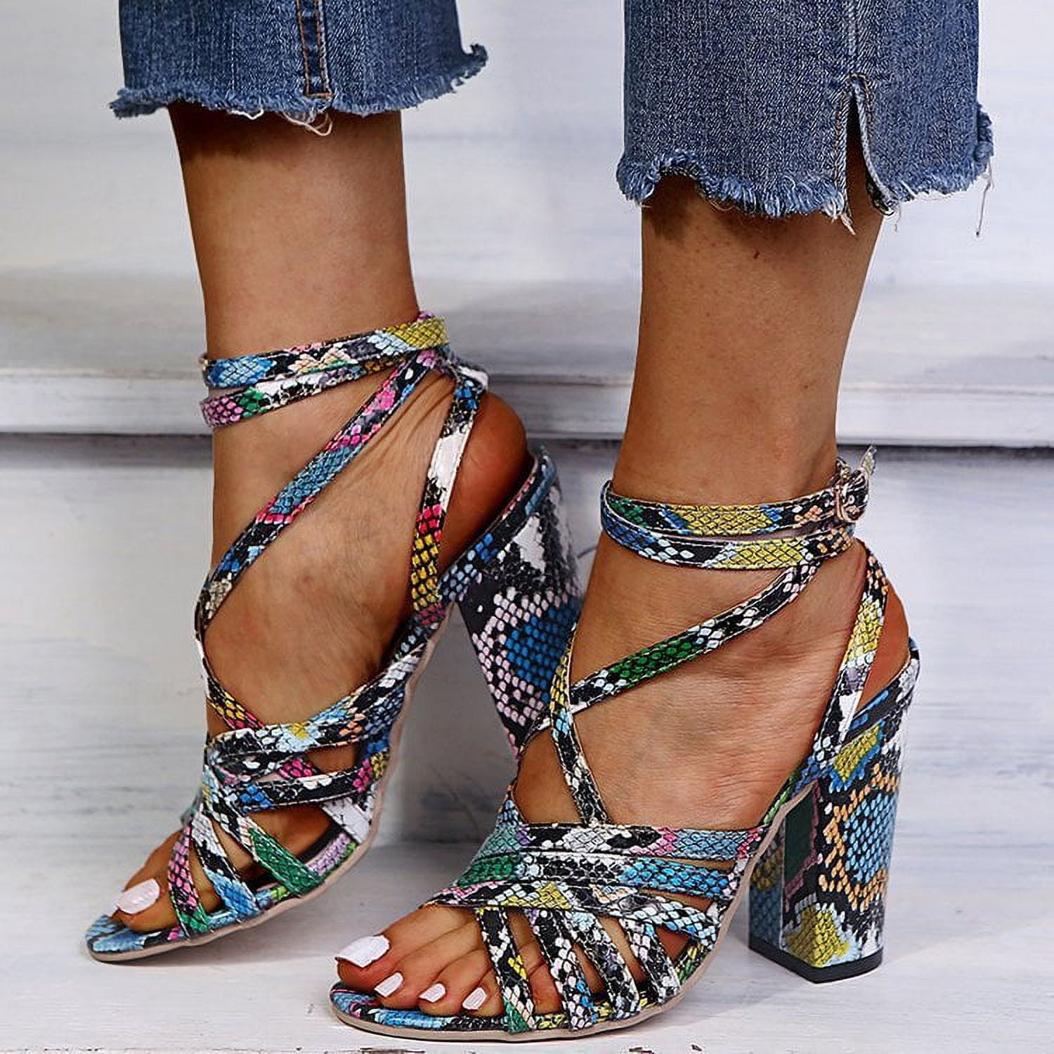 Ankle Strap Chunky Heel Sandals for Women，Ankle Strap Cross Strappy ...