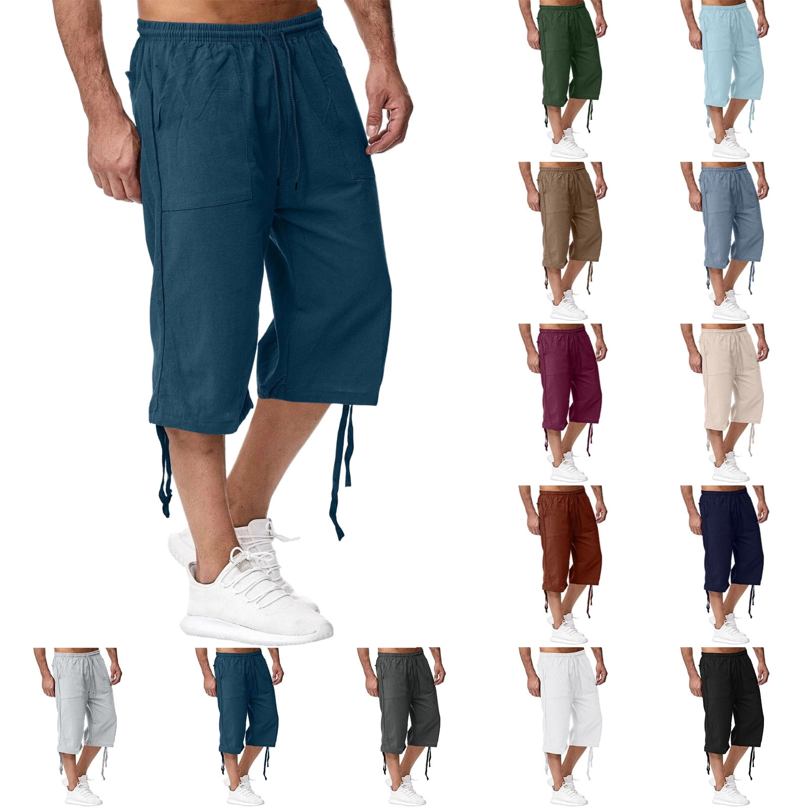 Ankle Tie 3/4 Linen Capri Pants for Men Loose Fit Elastic Drawstring ...