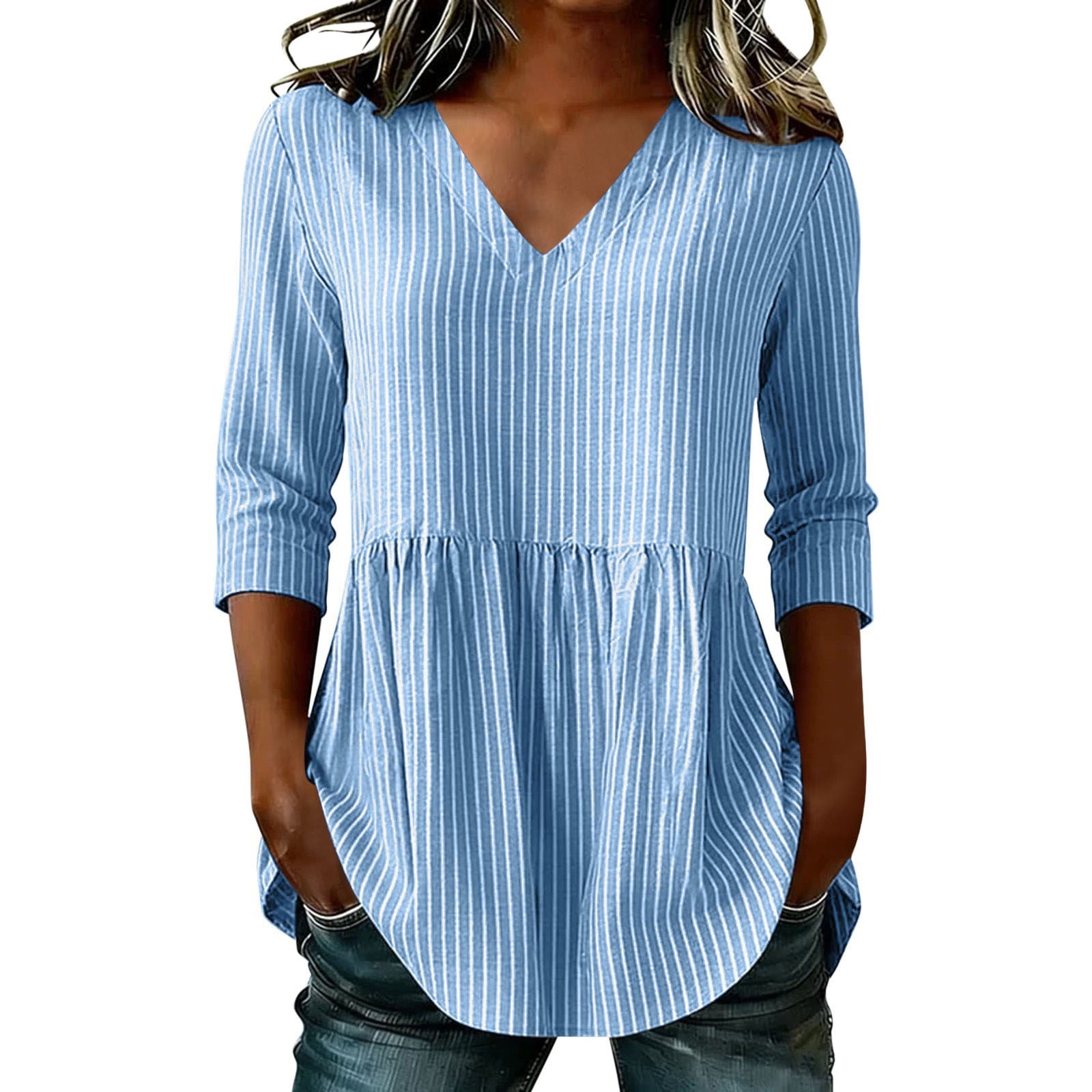 Ankola 3/4 Length Sleeve Womens Tops Pleated V Neck T Shirts for Women ...