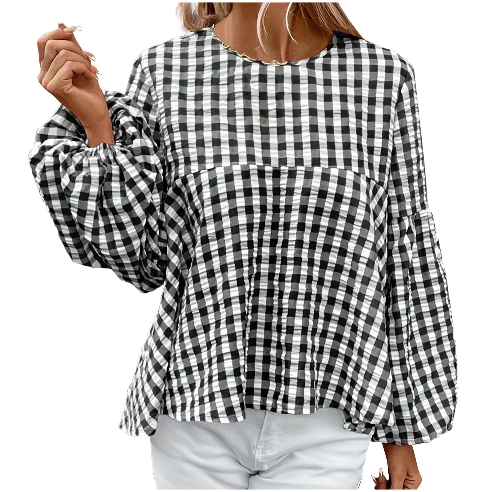 Ankola Fashion Women's Long Lantern Sleeve Tops Casual Crew Neck Plaid ...