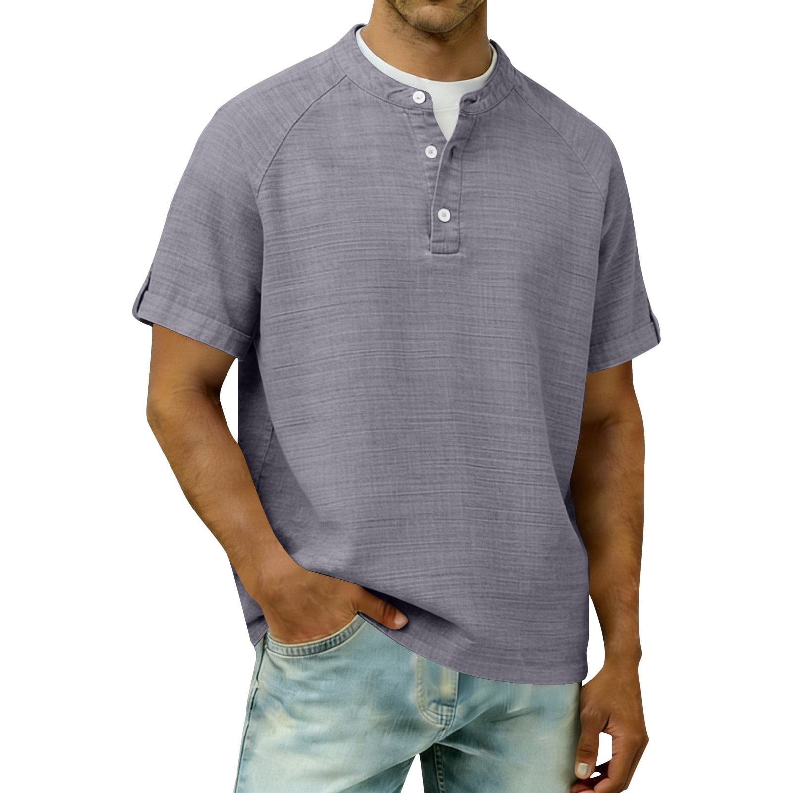 Ankola Men's Casual Henley Shirt Band Collar Short Sleeve Shirt for ...
