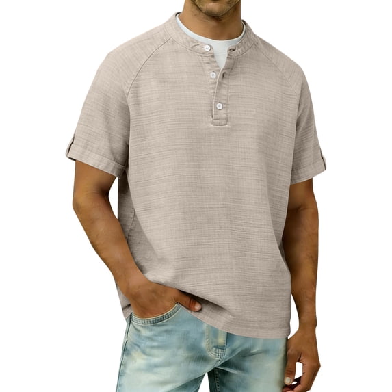 Ankola Men's Casual Henley Shirt Band Collar Short Sleeve Shirt for ...