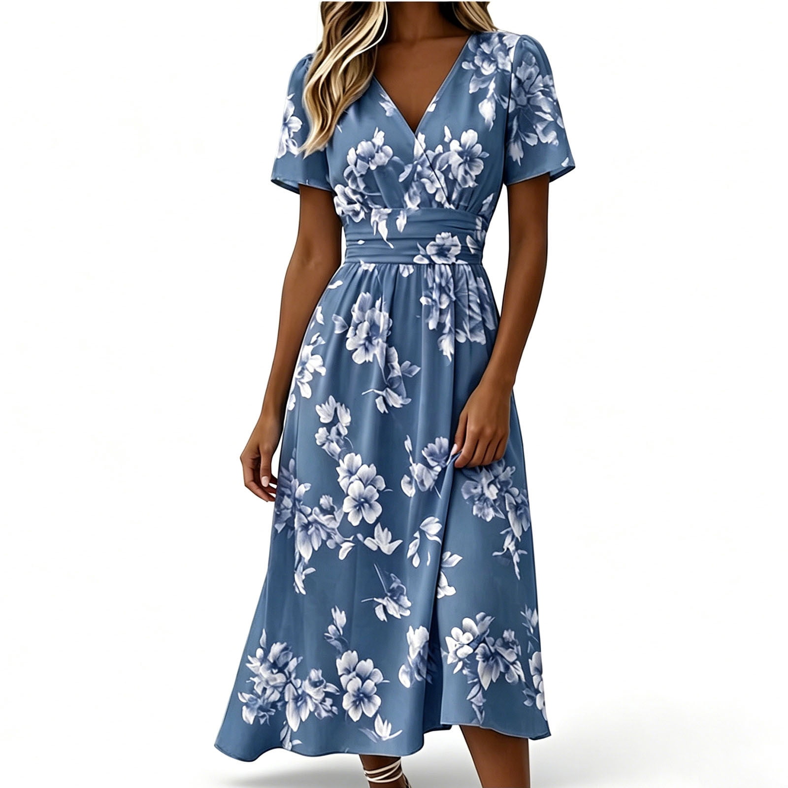 Ankola Midi Dresses for Women Wedding Guest Elegant V Neck Short Sleeve ...