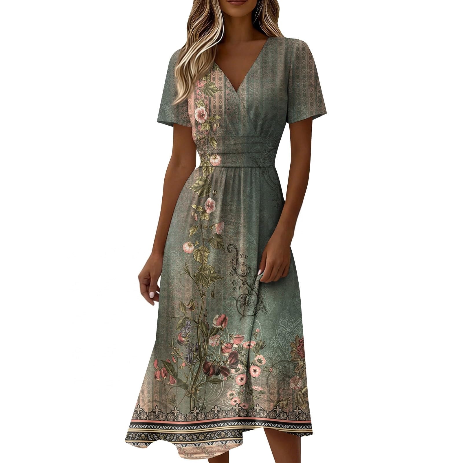 Ankola Midi Dresses for Women Wedding Guest Elegant V Neck Short Sleeve ...