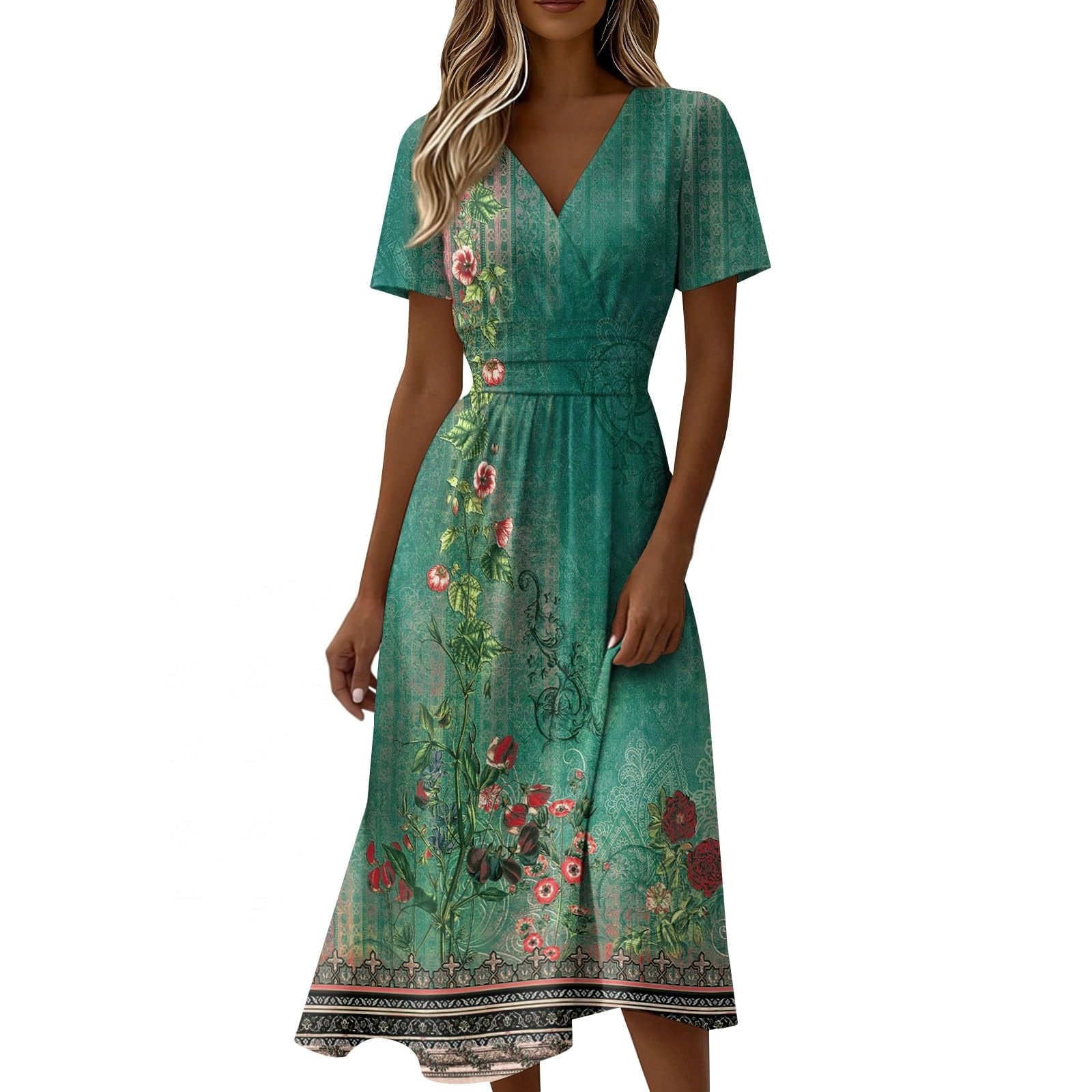 Ankola Midi Dresses for Women Wedding Guest Elegant V Neck Short Sleeve ...