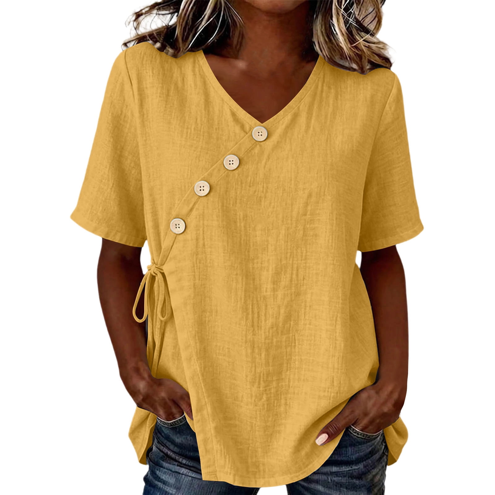 Ankola Summer Tops for Women Button V Neck Cotton Linen Tops Dressy ...